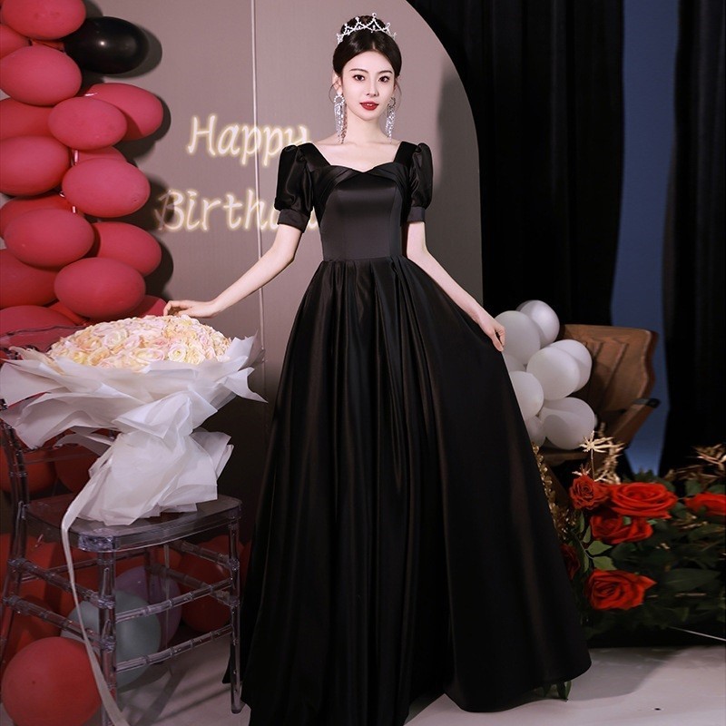 French Style Black Satin Evening Dress Fashion Short Sleeved Student ...