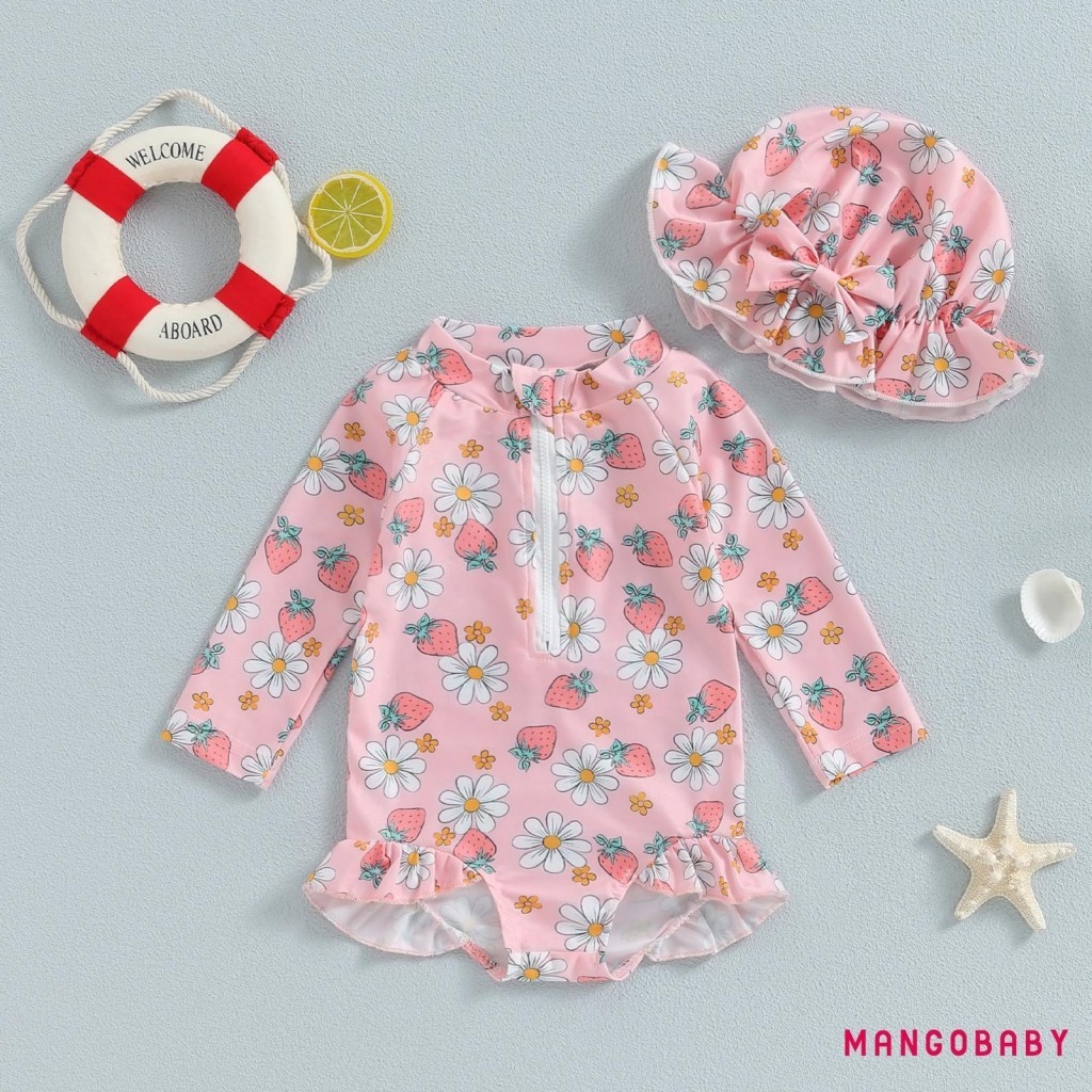 MANGO-Kids Girls Rash Guard Swimsuit Rompers Long Sleeve Strawberry ...