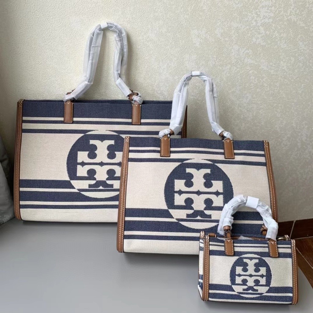 Tory Burch Ella Series Three Sizes Jacquard Striped Signature Double T Logo Tote Bag Handbag ...