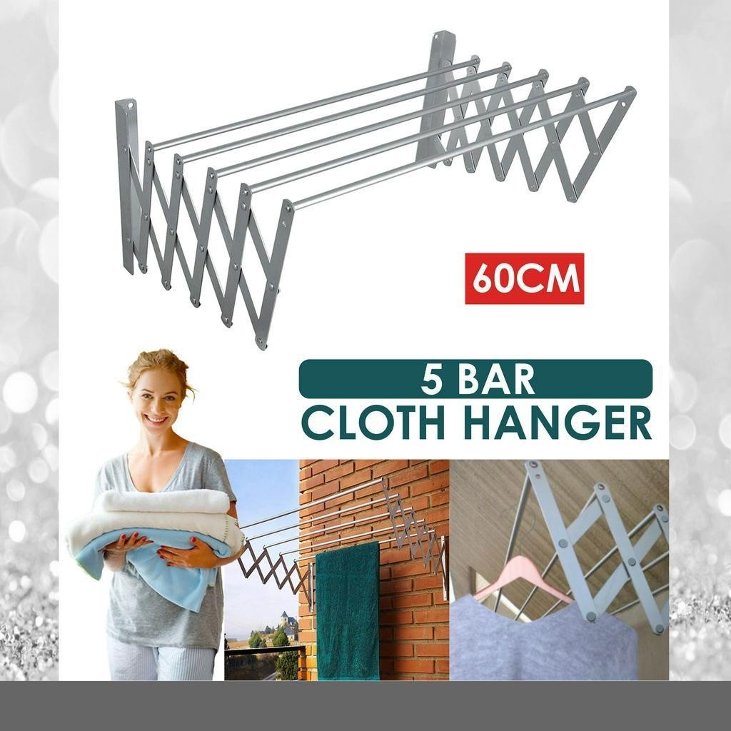 120CM 60CM X 5 Bar Extendable Clothes Hanger Wall Assembly Wall Mounted ...