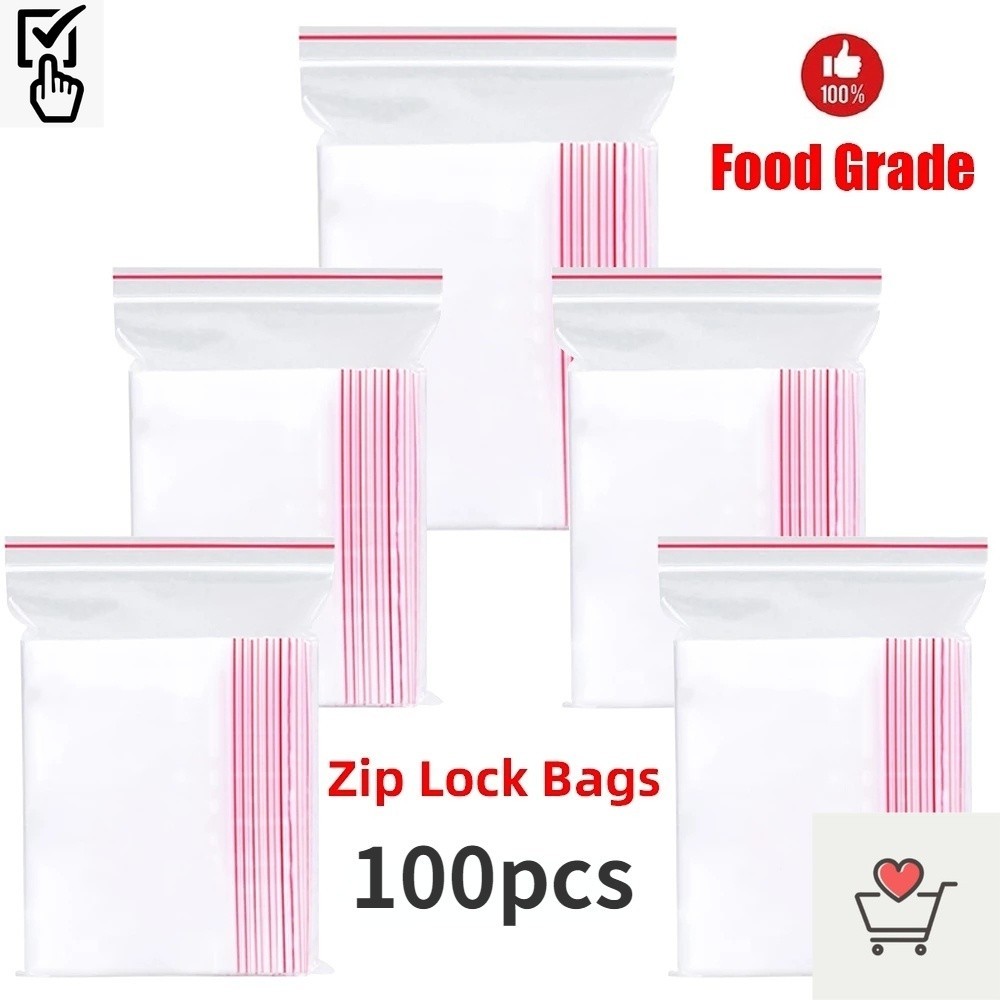 MBR 100PCS Resealable Zip Lock Plastic Bags Self Seal PE Transparent ...