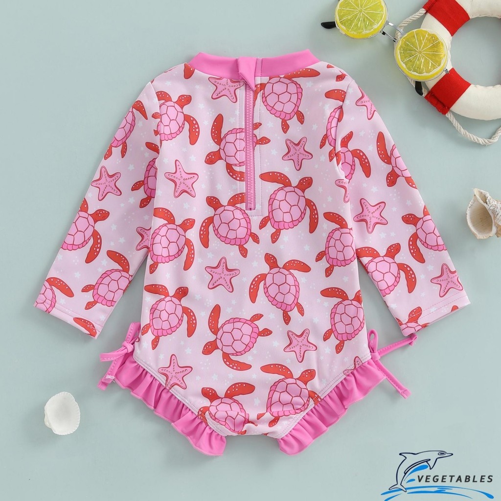CB-Toddler Girls Rash Guard Swimsuit Rompers Long Sleeve Turtle Print Baby Ruffles Bathing Suit ...