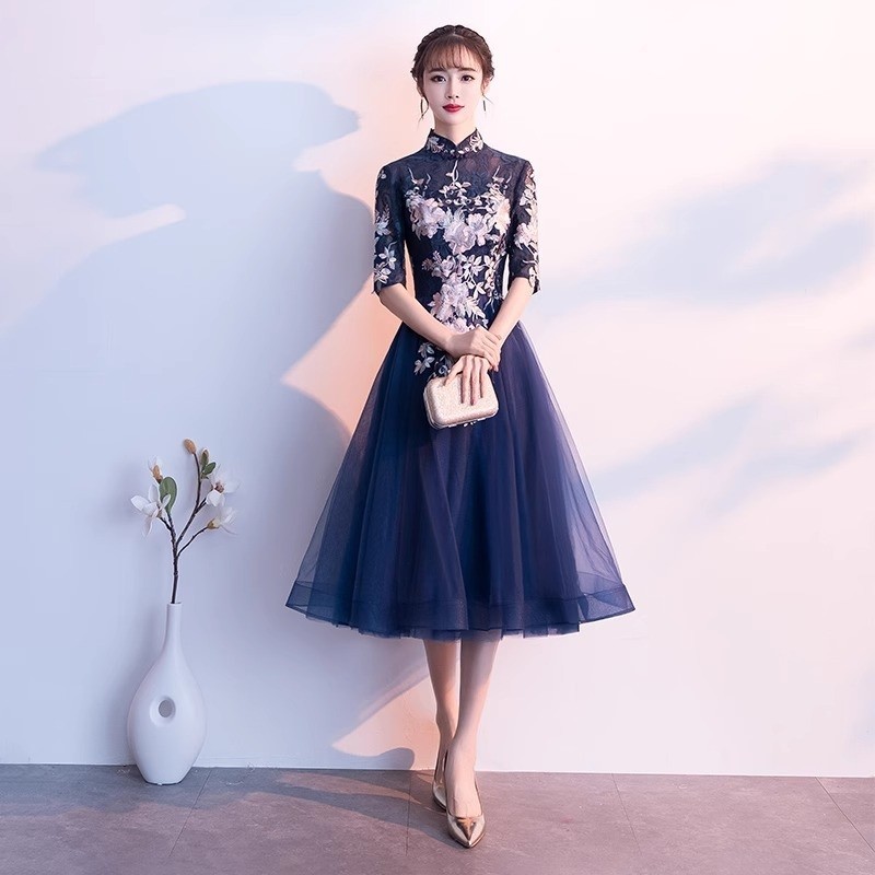 Chinese Style Banquet Evening Dress Temperament Stand Collar Flower ...