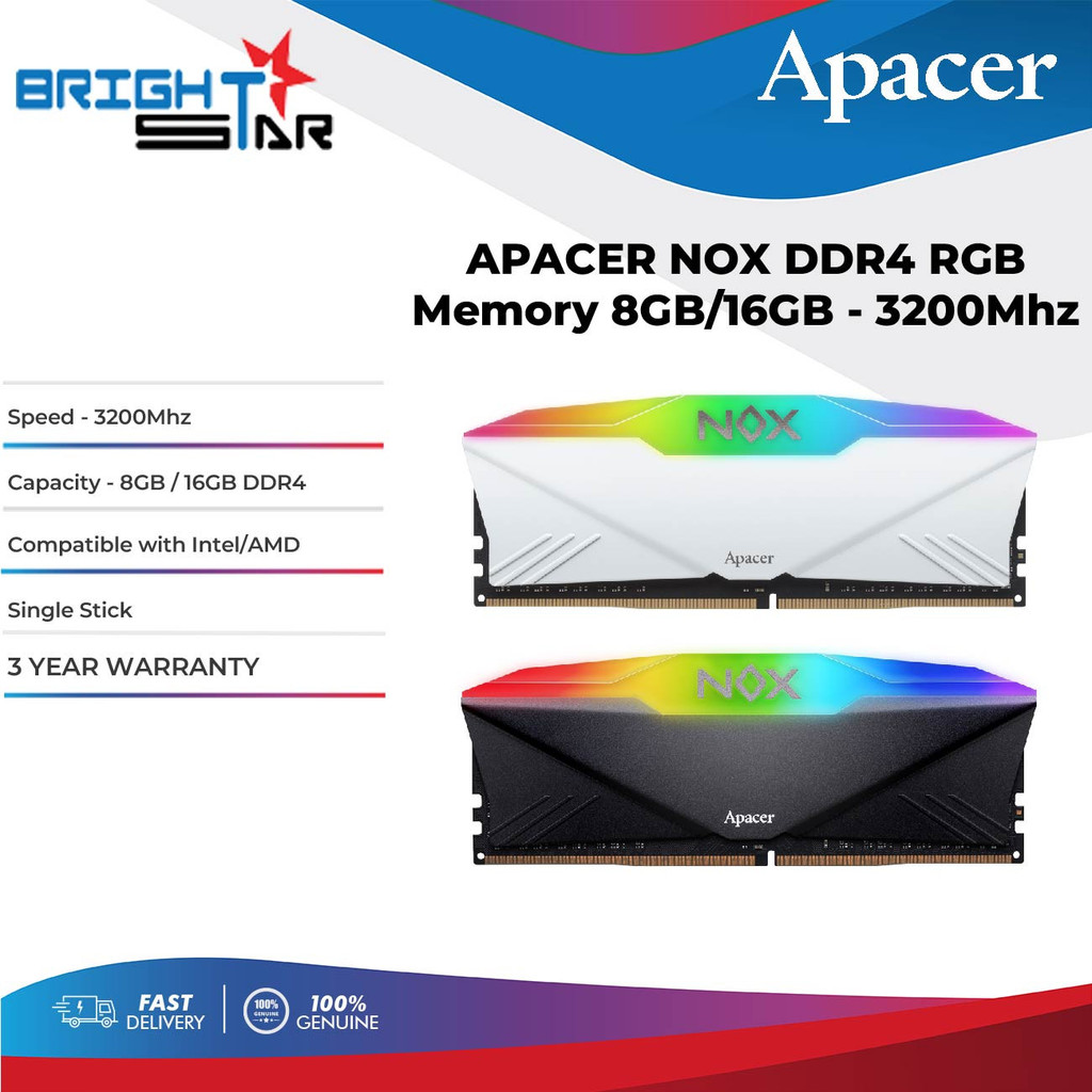 APACER NOX RGB DDR4 Desktop Memory 3200Mhz Black/White (8GB/16GB ...