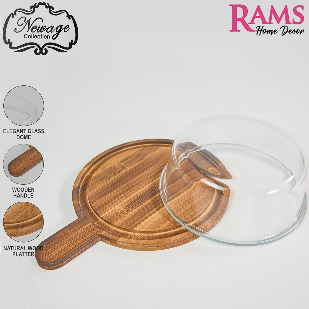 Newage Round/Rectangular Wooden Cake Tray with Glass Lid / Cake Tray ...