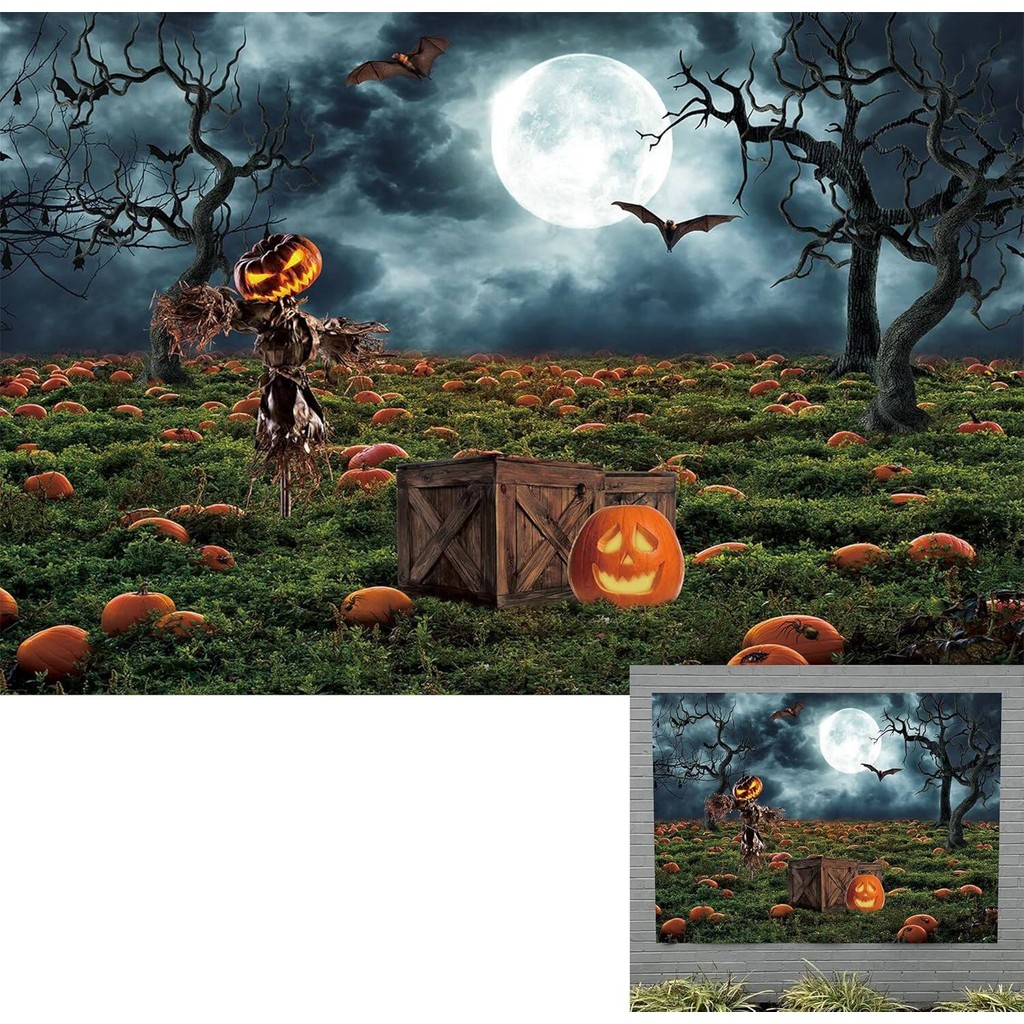 Halloween Horror Pumpkin Field Backdrop Full Moon Night Gloomy Forest ...