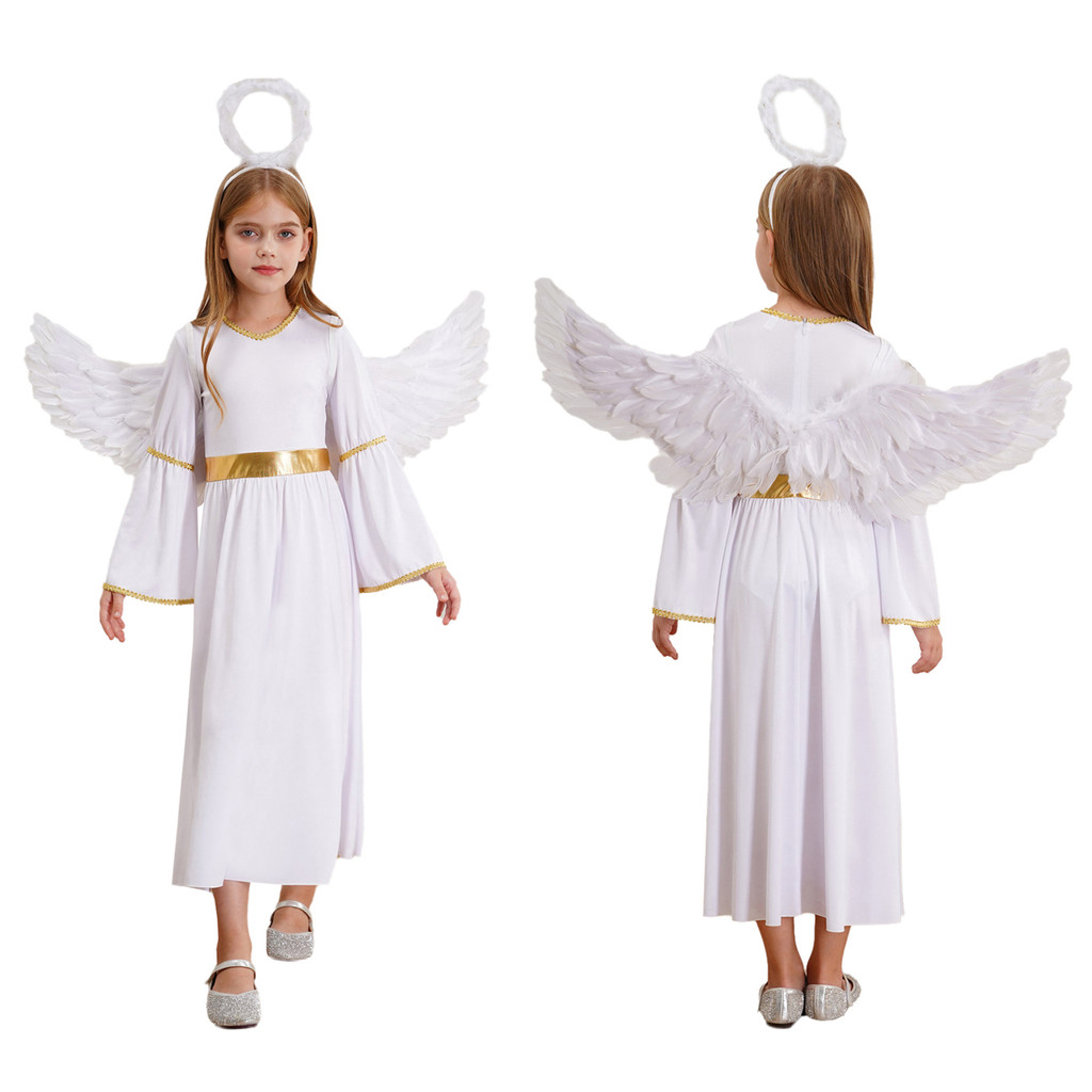 zz - #6-16 3Pcs Girls Angel Costume Angel Dress Long Sleeve Gold Trim ...