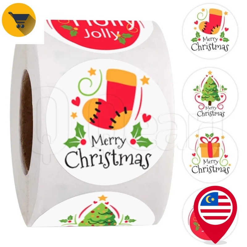 MK2 500 Pcs/Roll Christmas Happy Circular Stickers/ Self Adhesive ...