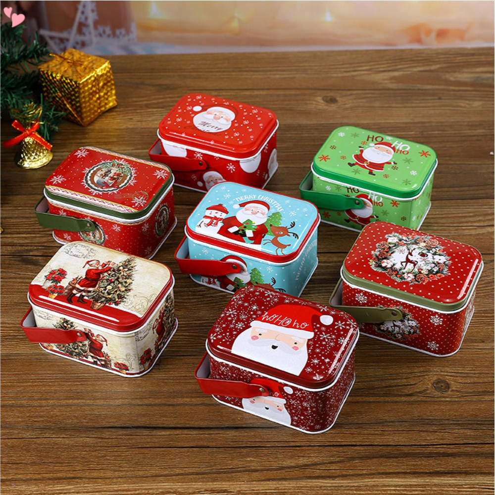 Christmas Tins Square Xmas Cookie Boxes Handheld Large Candy Tinplate ...