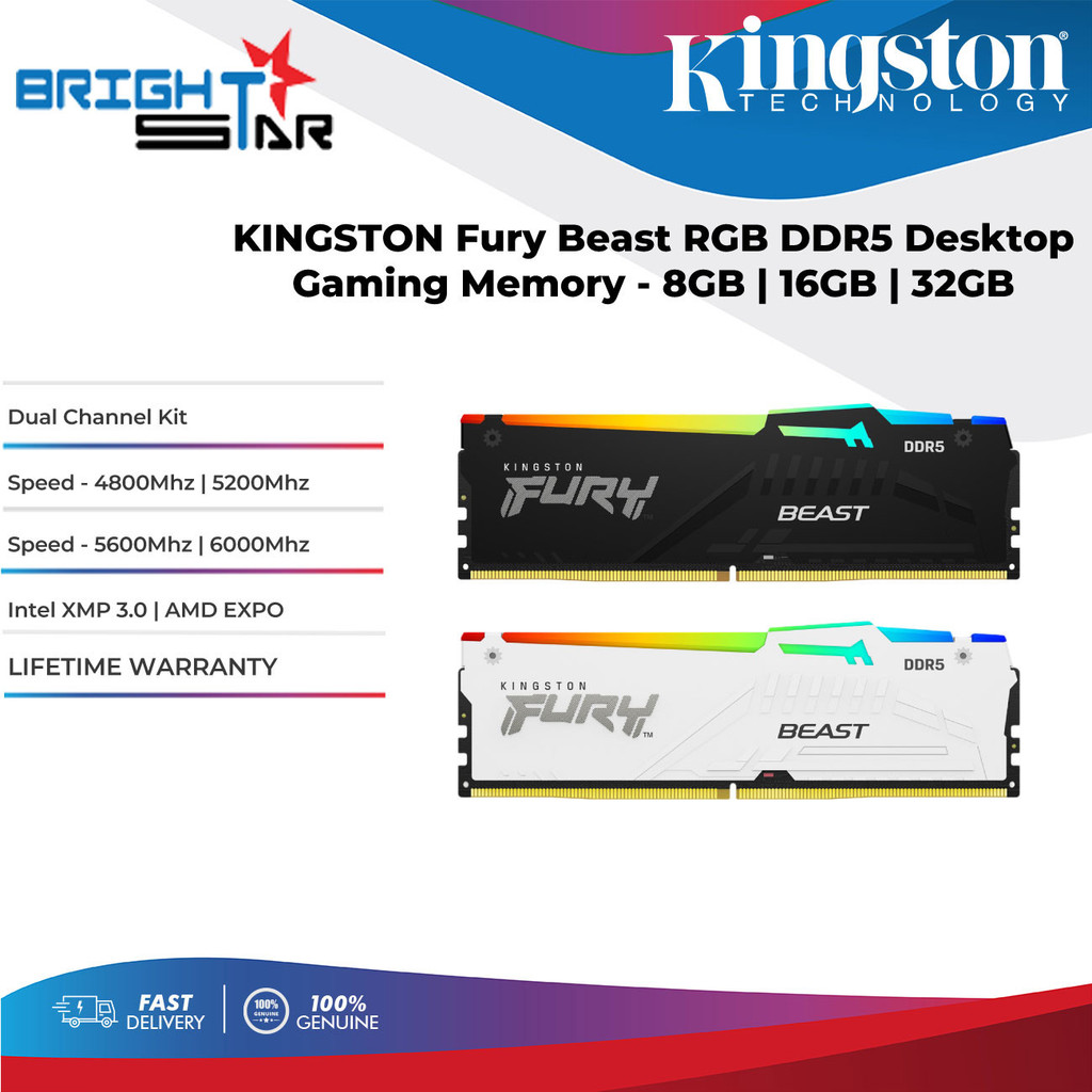 KINGSTON Fury Beast RGB DDR5 Dual Channel Memory 4800Mhz/5200Mhz/5600Mhz/6000Mhz - 8GB/16GB/32GB ...