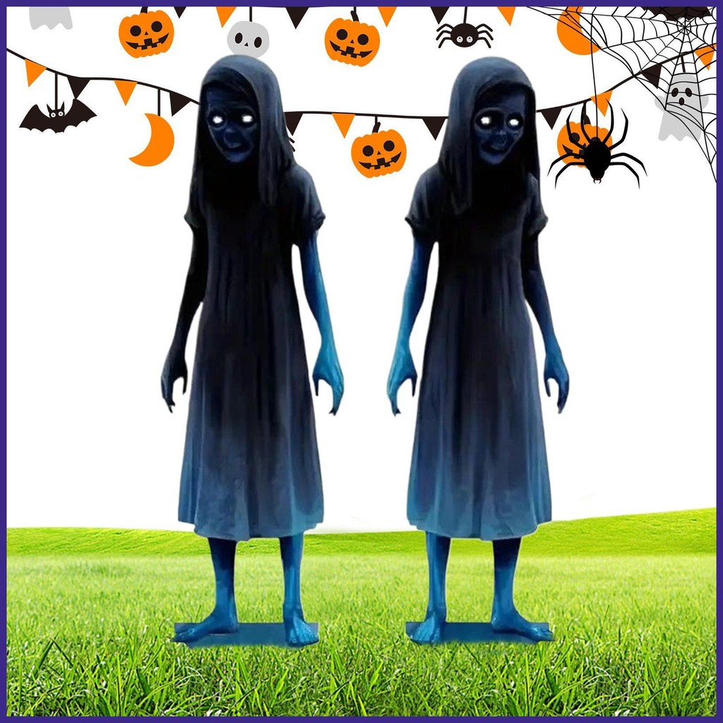 Halloween Haunted Twin Ground Stakes Scary Twins Metal Garden Lawn Sign ...