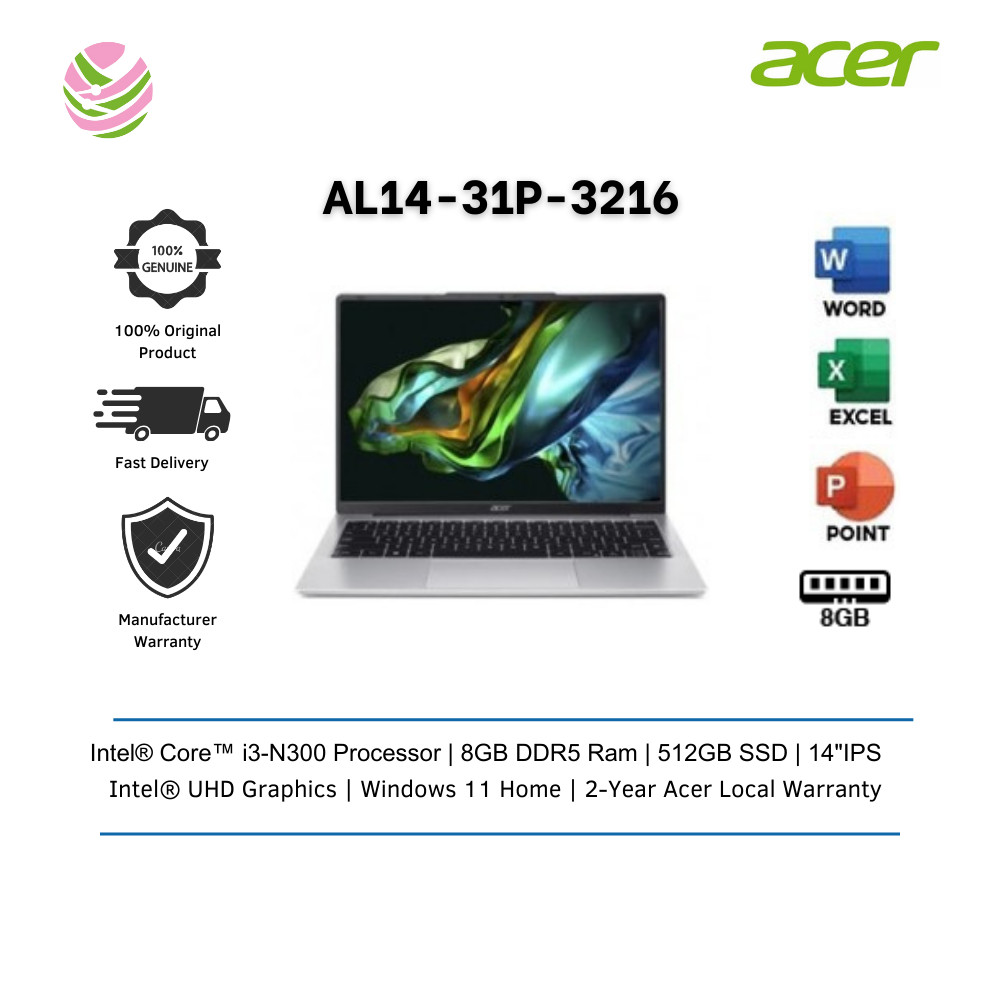 Acer LAPTOP Aspire Lite 14 AL14-31P-3216 14" WUXGA Laptop Pure Silver ...