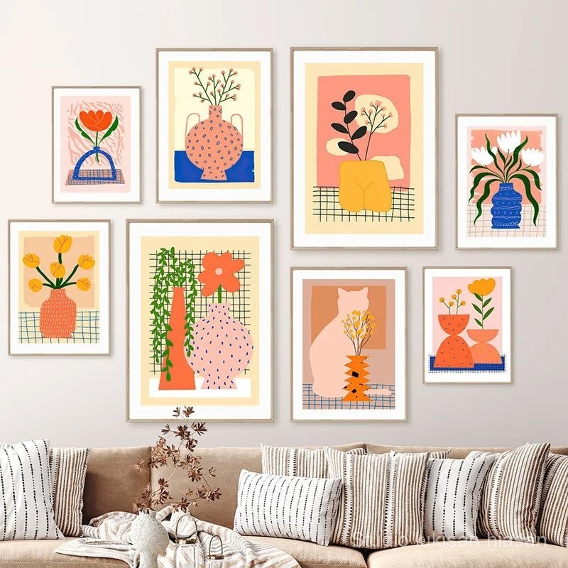 Warna bunga pasu kucing siluet dinding seni lukisan kanvas poster ...