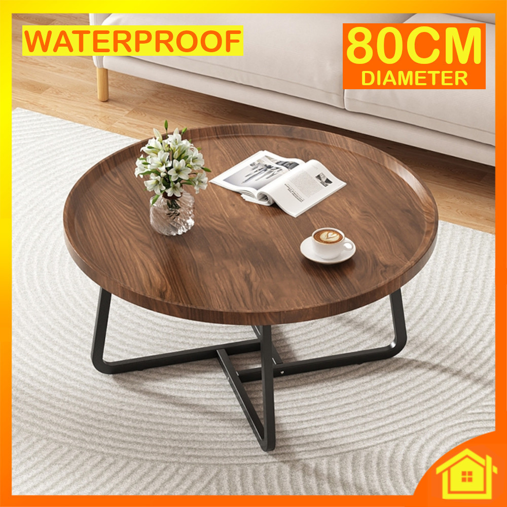 Coffee Round Table Side Small Simple Wood Living Room Brown Marble ...