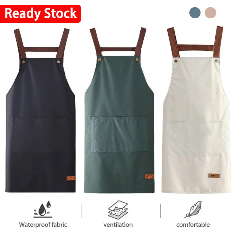 [COD] Apron Kitchen Waterproof Hang Neck Overall Large Pocket Oilproof ...
