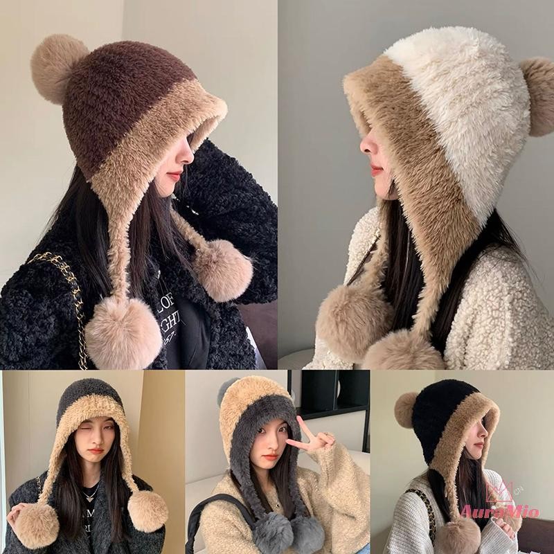 [AuraMio] Fluffy Plush Women Beanie Winter Warm Big Pompom Knitted Ear ...