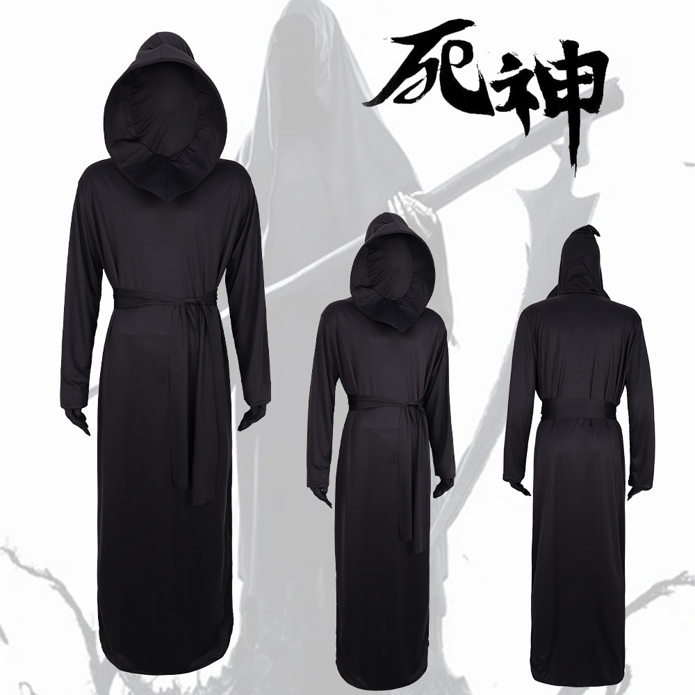 Masked Grim Reaper Outfit: Long Black Cloak with Hood for Cosplay ...