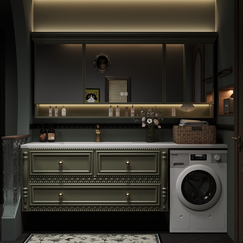 French Retro Balcony Washing Machine Integrated Basin Bathroom Cabinet ...