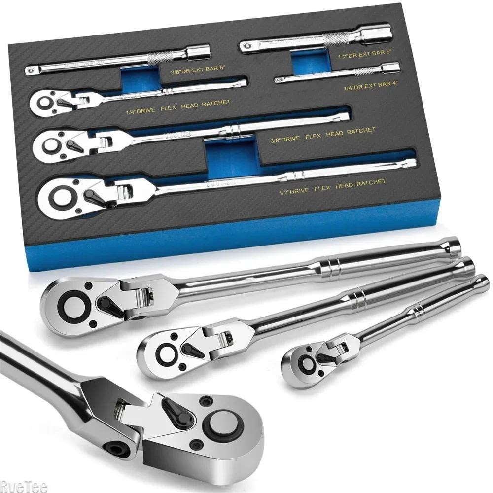 6 Pcs 1/4" 3/8" 1/2" Flex Head Ratchet Set 72 Tooth 180° Adjustable ...