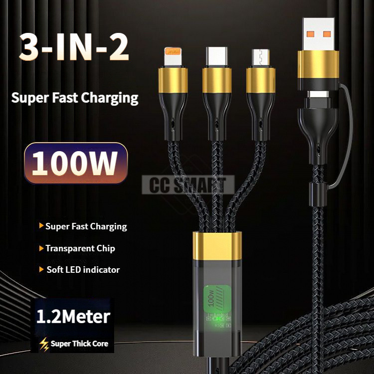 100W 3 in 2 Super Fast Charge Cable Type C+USB A to Micro USB+L+Type-C ...