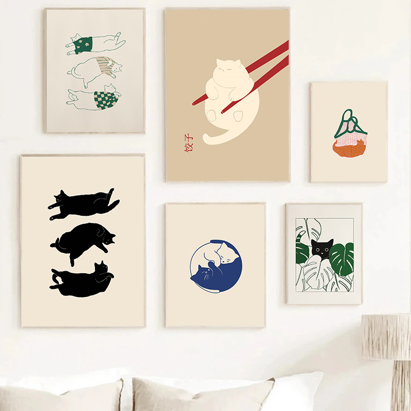Funny Cat Dumpling Lazy Cat Illustration Abstract Line Poster Canvas ...