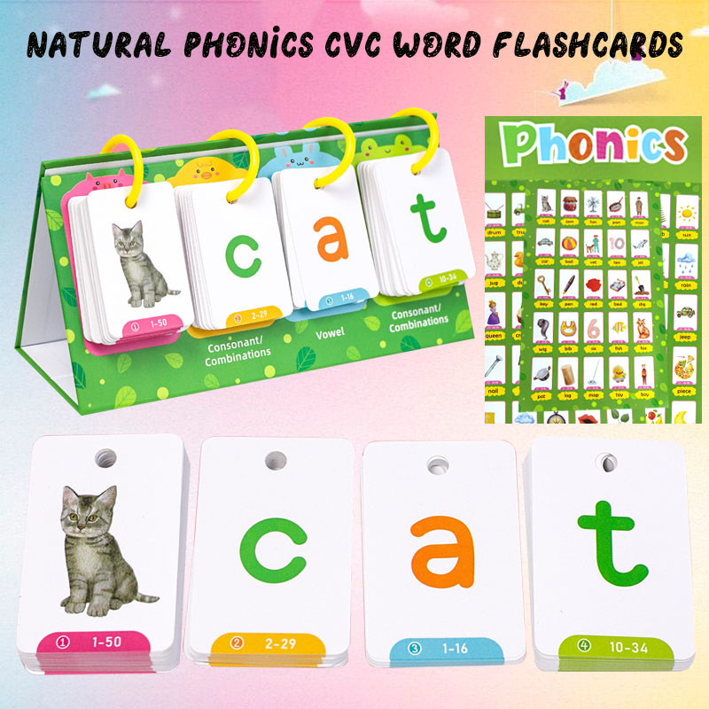 129pcs Natural Phonic English Flash Card CVC Words Vowel Consonant Desk ...