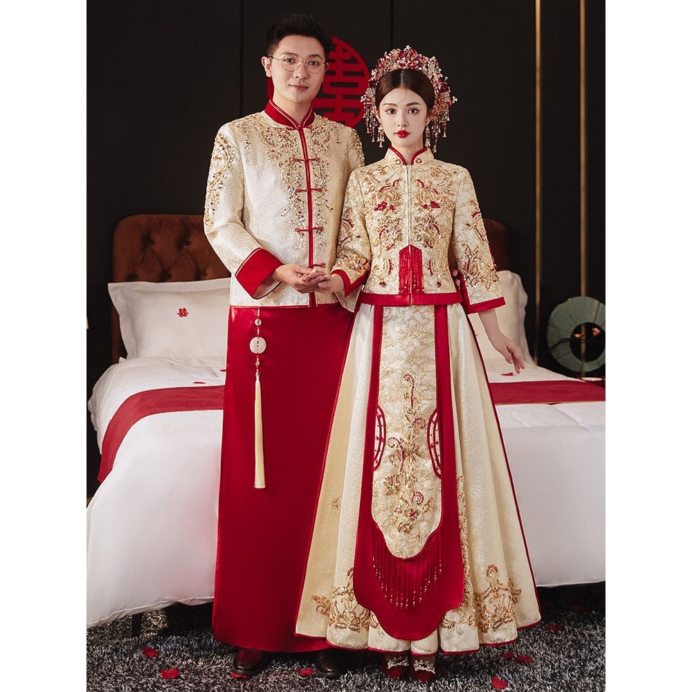 Xiuhe Bride 2024 Golden Champagne Chinese Wedding Dress Dragon Phoenix ...