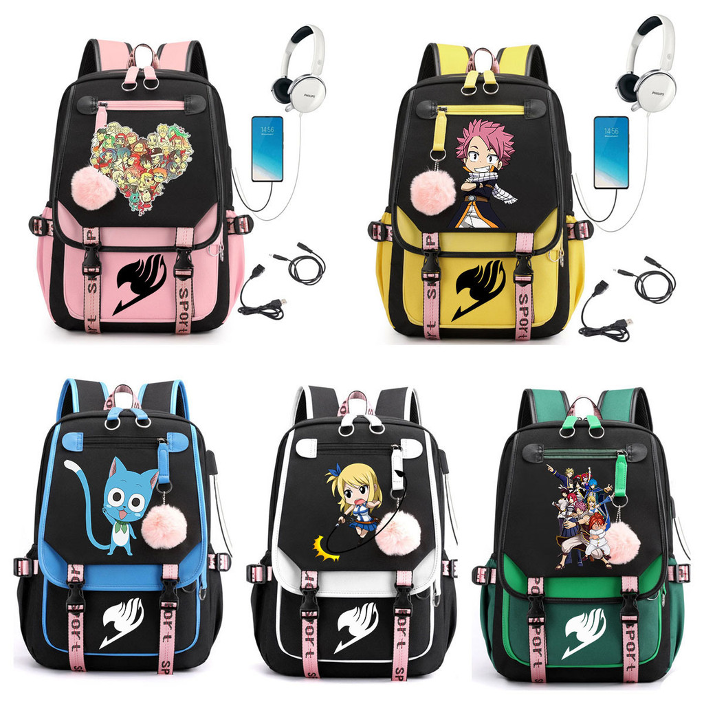 Fairy Tail Backpack Schoolbag Student Anime USB Charging Backpack With ...