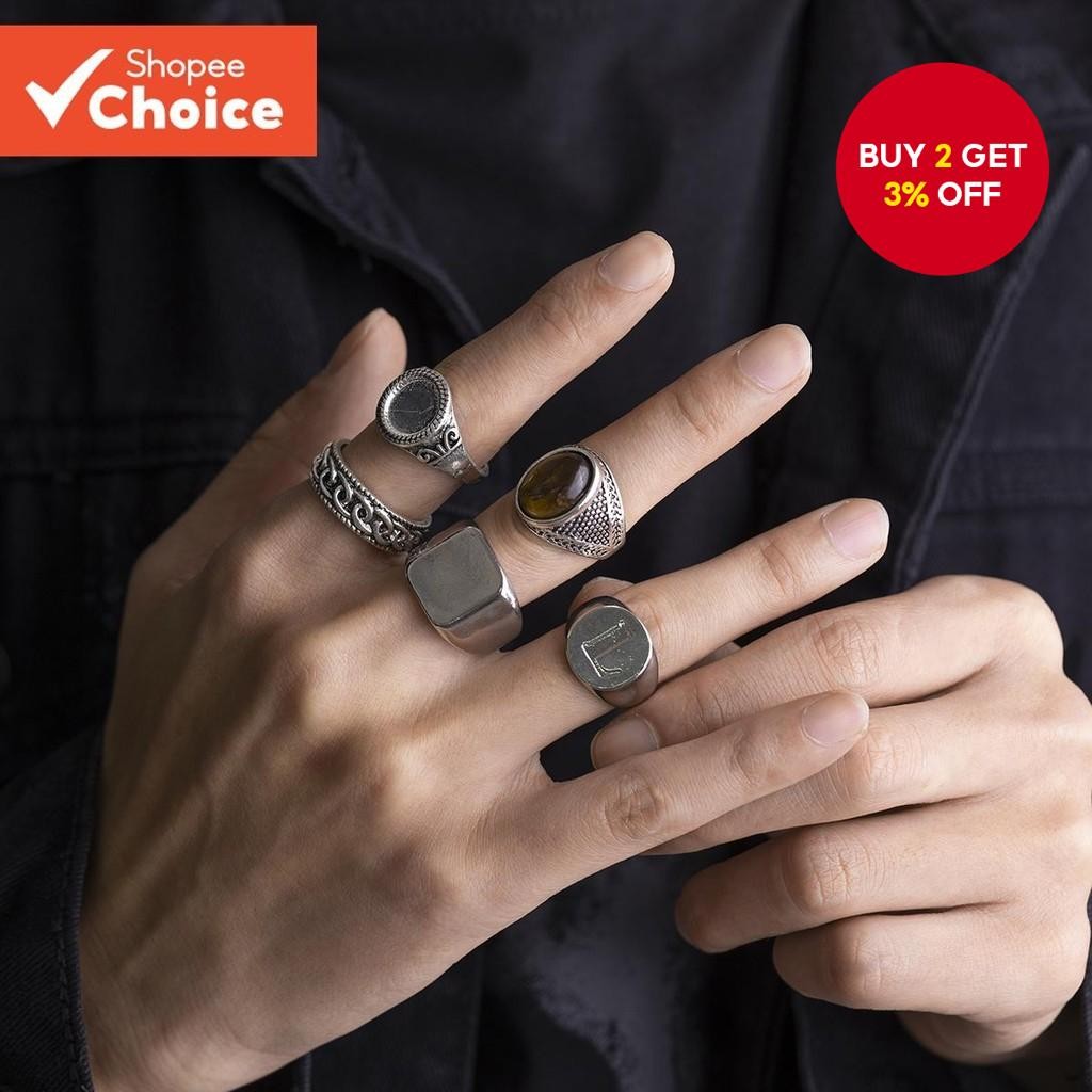5 Pcs/Set Vintage Round and Square Geometric Rings for Men Trendy Cool ...