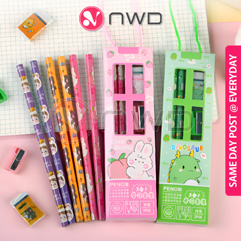 𝗛𝗔𝗗𝗜𝗔𝗛 𝗣𝗜𝗡𝗧𝗔𝗥 》 5 in 1 Cute Cartoon Stationery Set School Supplies Pack ...