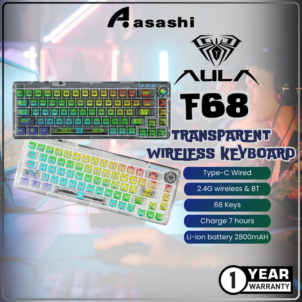 AULA F68 Transparent Mini Wireless Keyboard - 2.4Ghz/BTluetooth/USB-C ...
