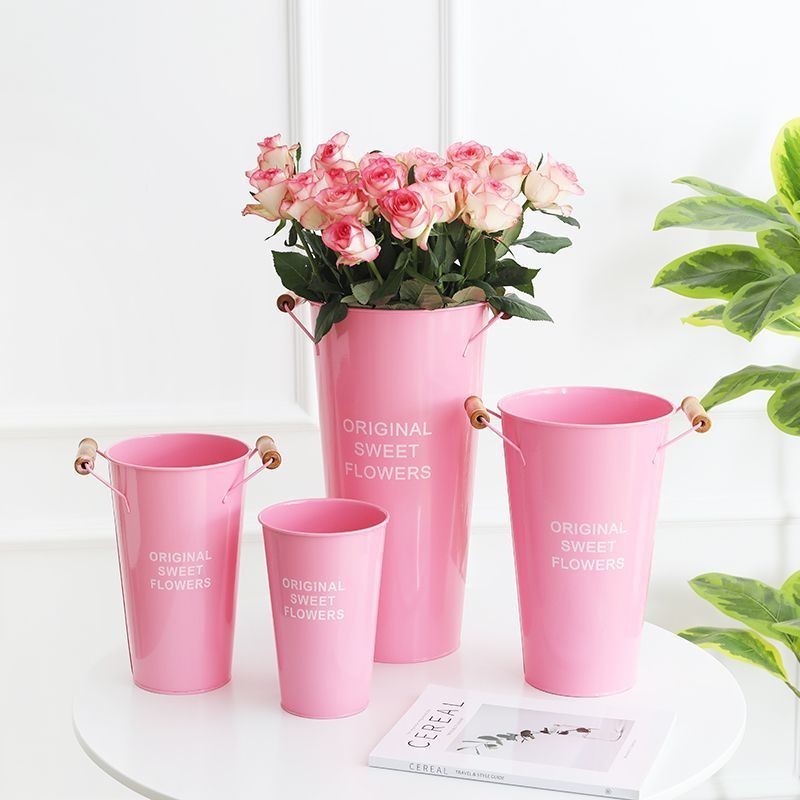 Pink Wooden Handle Flower Bucket Living Room Floor Vase Flowers Wake up ...