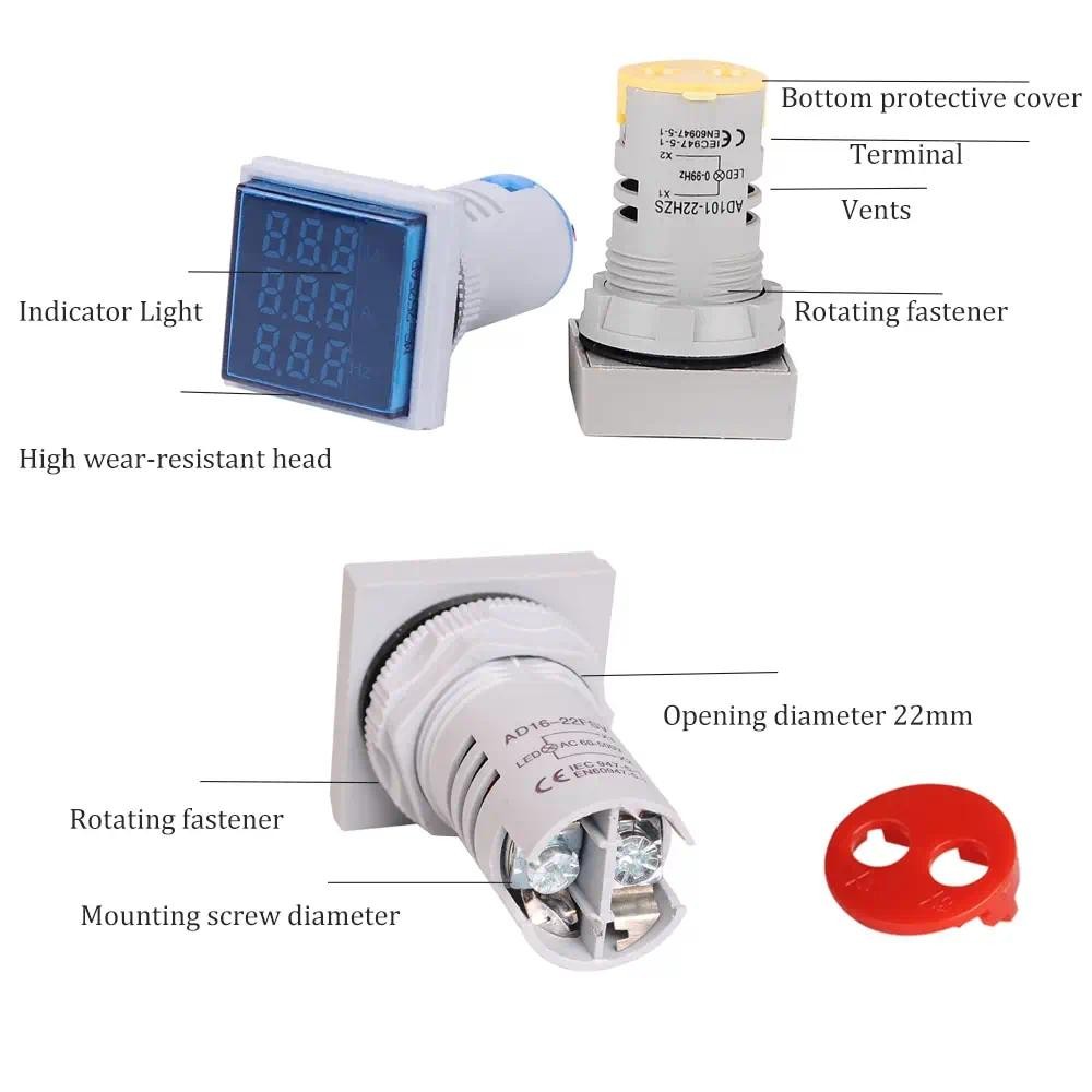 22mm Digital Voltmeter Ammeter Hz Indicator AC 60-500V 1-100A 20-75Hz ...