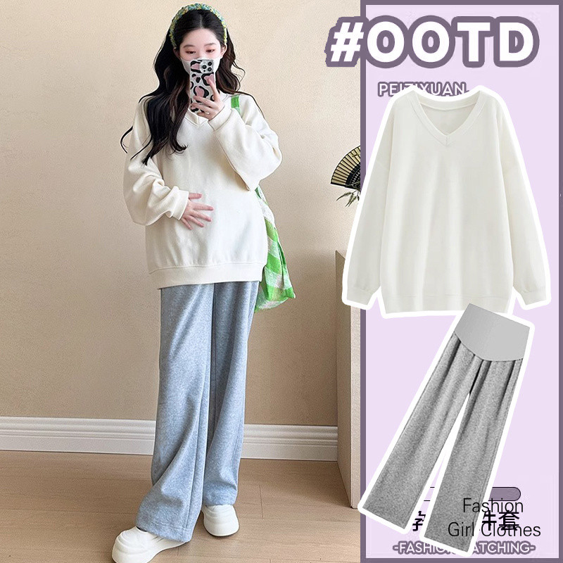 Long Sleeve Korean Style Maternity Set Wear Pregnant Two Piece Suit V ...