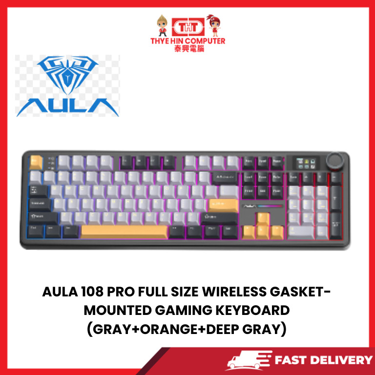 AULA 108 PRO FULL SIZE WIRELESS GASKET-MOUNTED GAMING KEYBOARD (GRAY ...