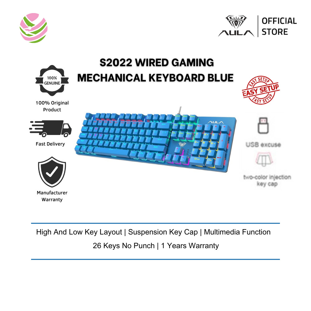AULA S2022 Blue Mechanical Gaming Keyboard with Blue Switch,Full Size ...