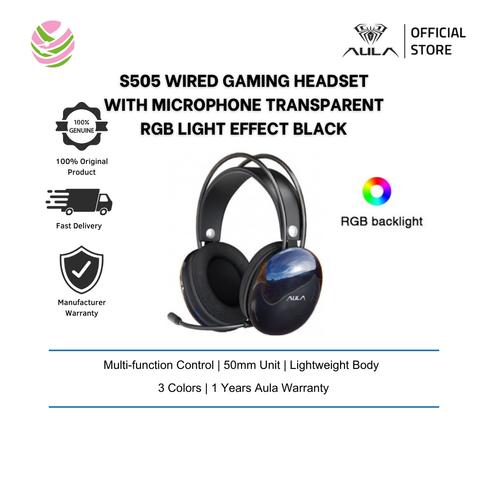 AULA S505 Wired Gaming Headset with Microphone Transparent RGB Light ...