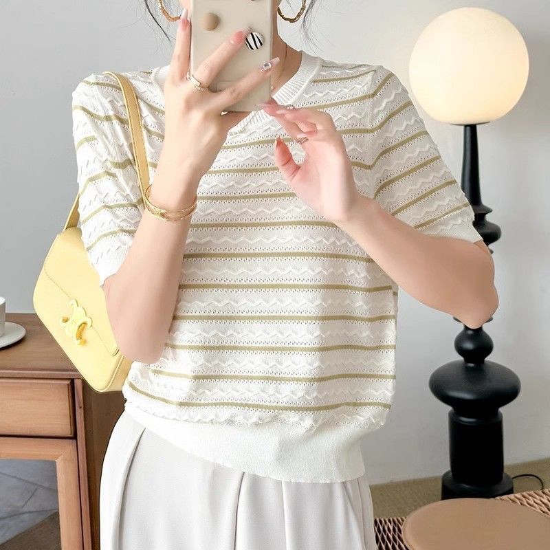 Stail Perancis berjalur kolar bulat sutera ais rajutan lengan pendek ...