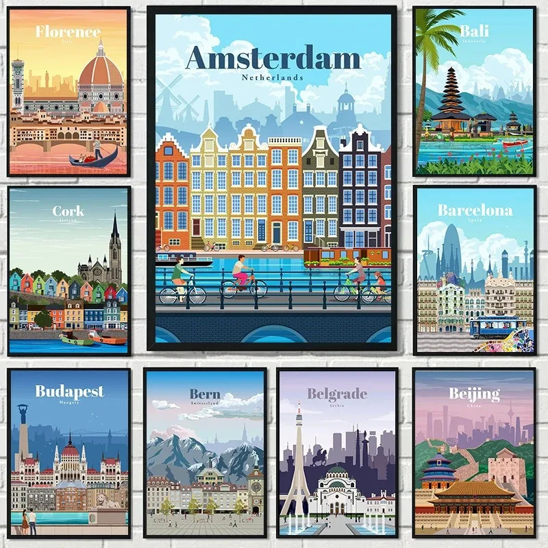 Amsterdam Tokyo London Iceland Bali Vancouver perjalanan Poster lukisan ...