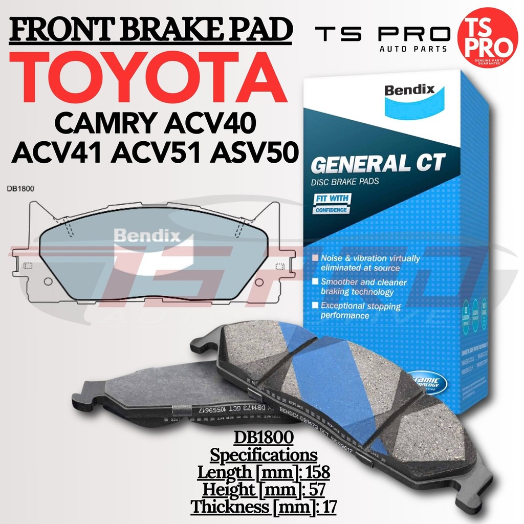 Toyota Camry ACV40 ACV41 ACV51 ASV50 Bendix Front Disk Brake Pad Disc Brek DB1800 SGCT | Shopee ...