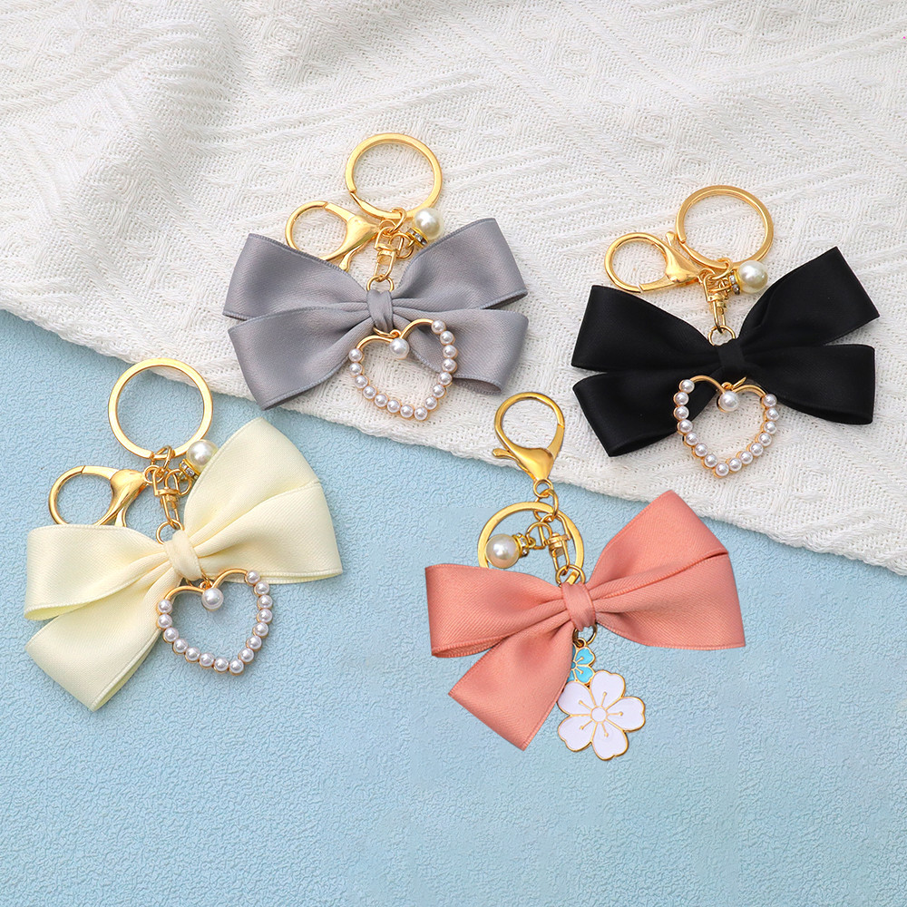 Lovely Webbing Bowknot Key Chain Fashion Pearl Heart Shape Key Ring For ...
