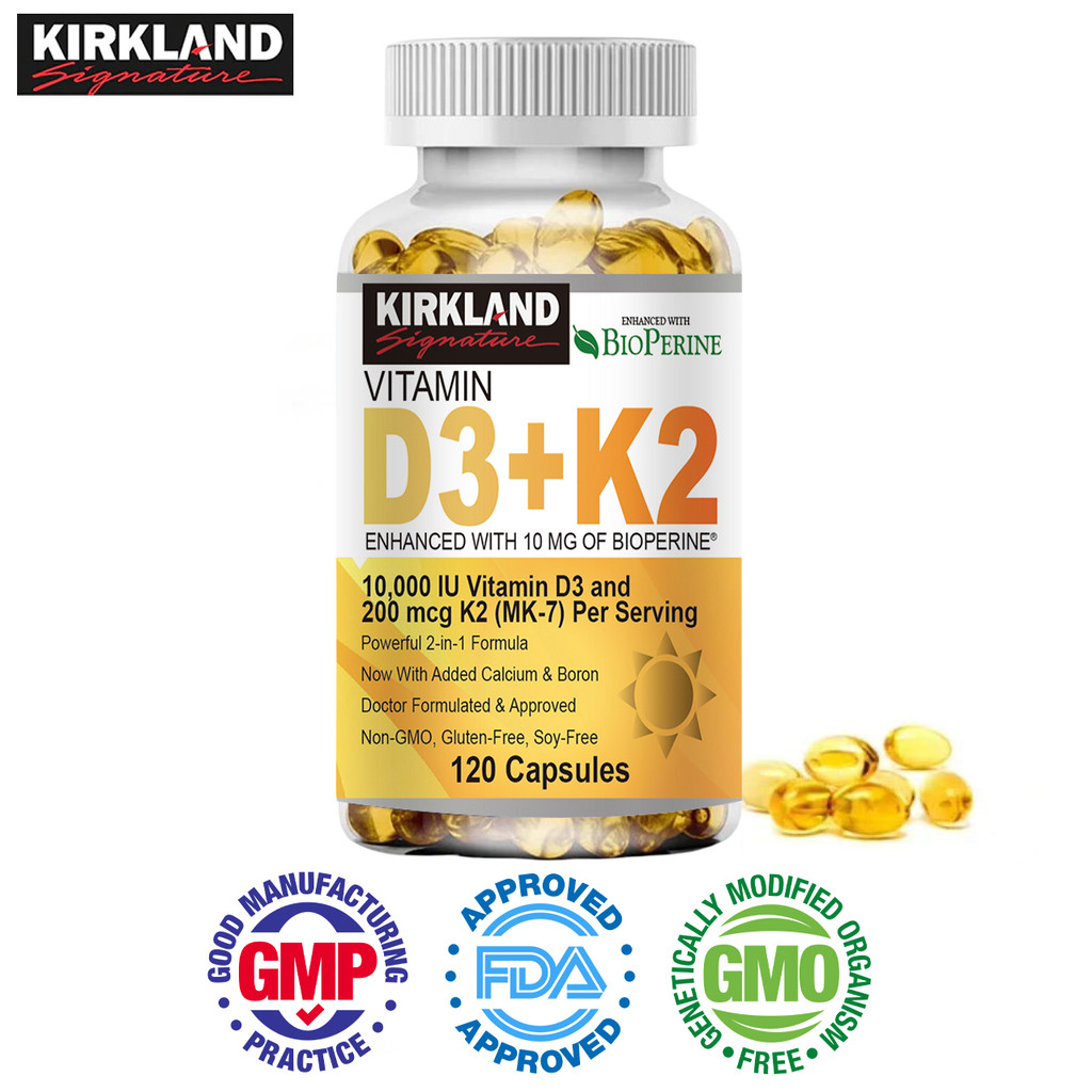 KIRKLAND Vitamin D3 K2 10000 IU D3 + 200mcg K2 MK7 Immune Support Supplement with BioPerine ...
