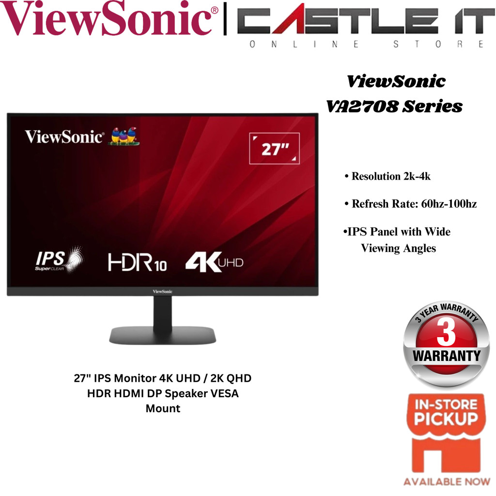 ViewSonic VA2708 Series 27" IPS Monitor 4K UHD / 2K QHD HDR HDMI DP ...