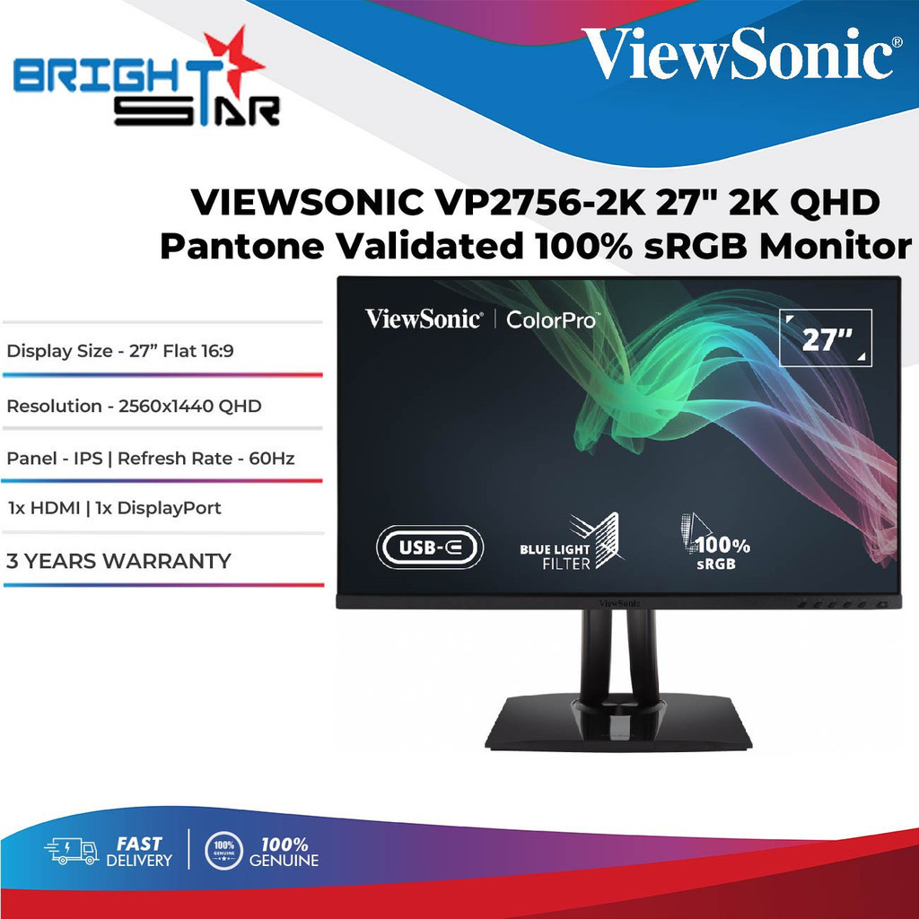 VIEWSONIC VP2756-2K 27" 2K QHD Pantone Validated 100% sRGB Monitor ...