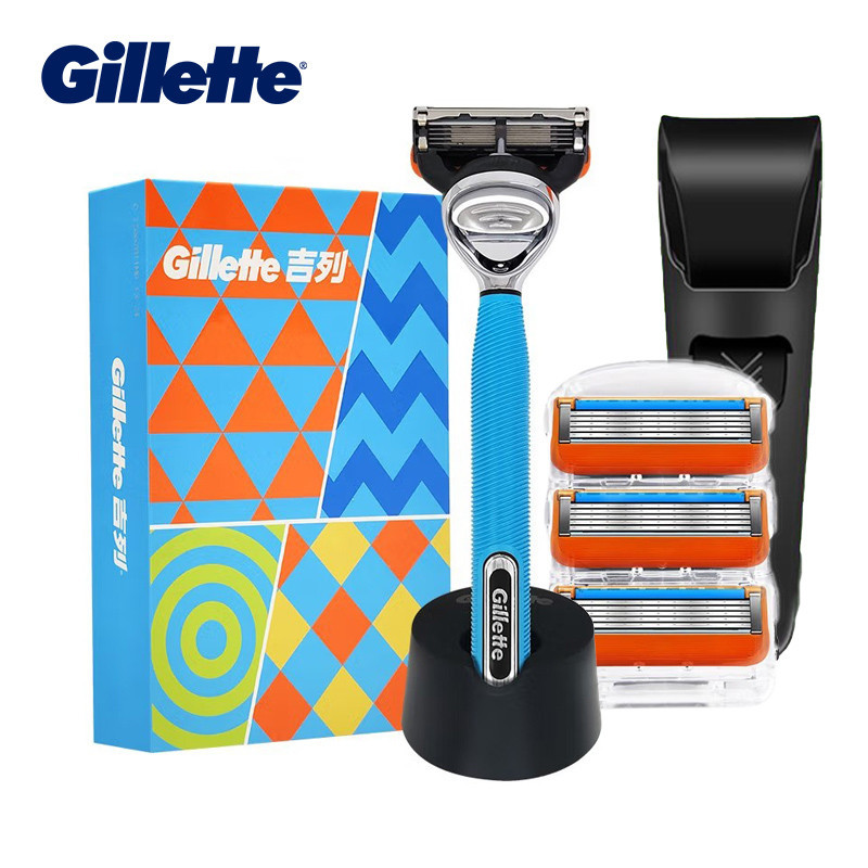 Gillette Blue Fusion 5 Razor Set 1 Handle 4 Razor Heads 1 Stand ...