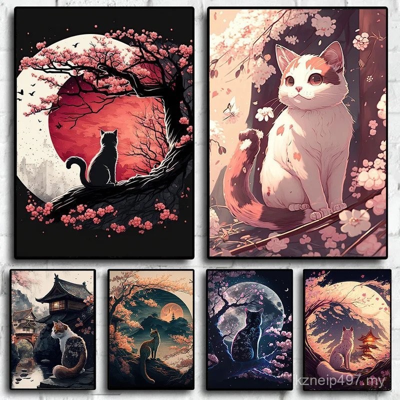 Kucing Cherry Blossom Wall Art Posters dan mencetak haiwan jepun gaya ...