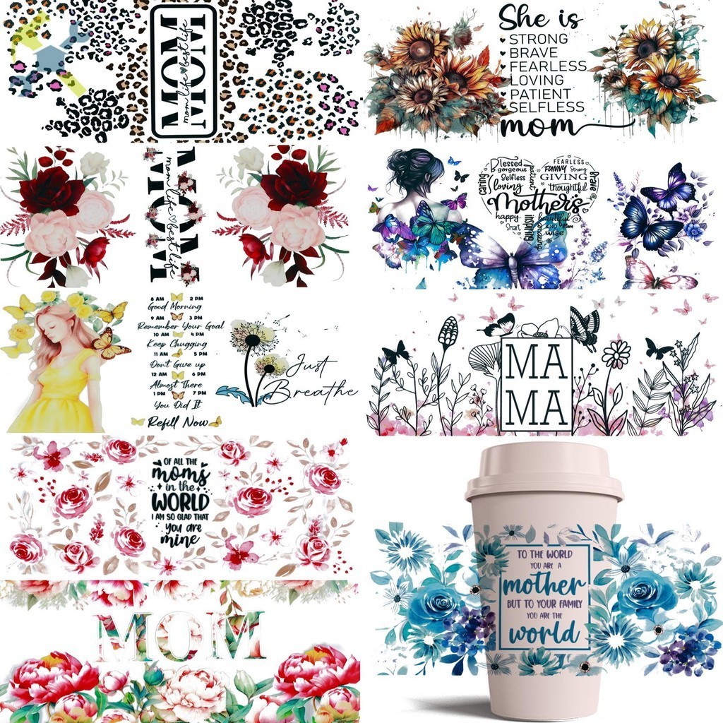 9Pcs UV DTF Cup Wrap Mom Theme Transfer Cup Decals Waterproof Sun-proof ...