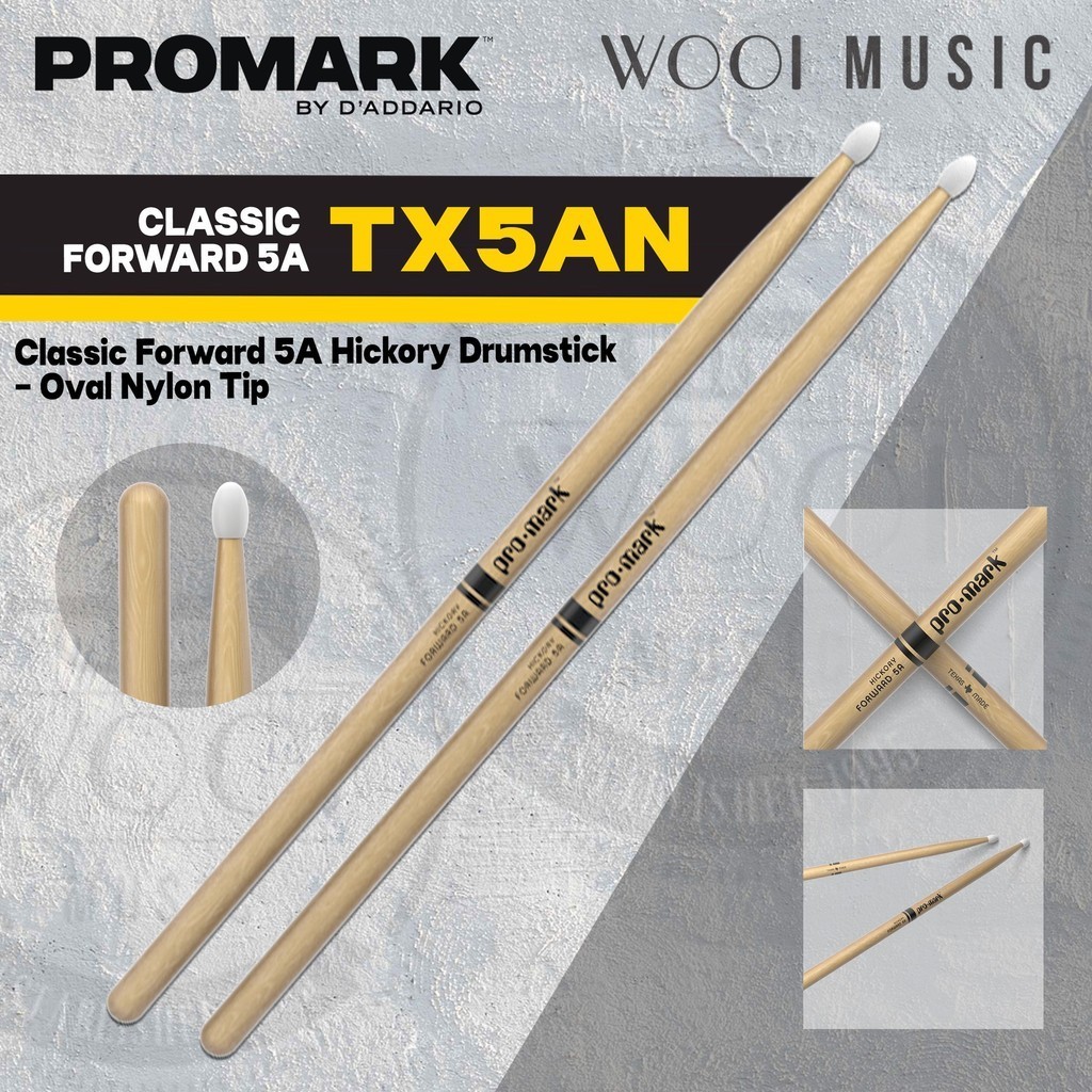 Promark TX5AN Classic Forward 5A Hickory Drumstick - Oval Nylon Tip ...