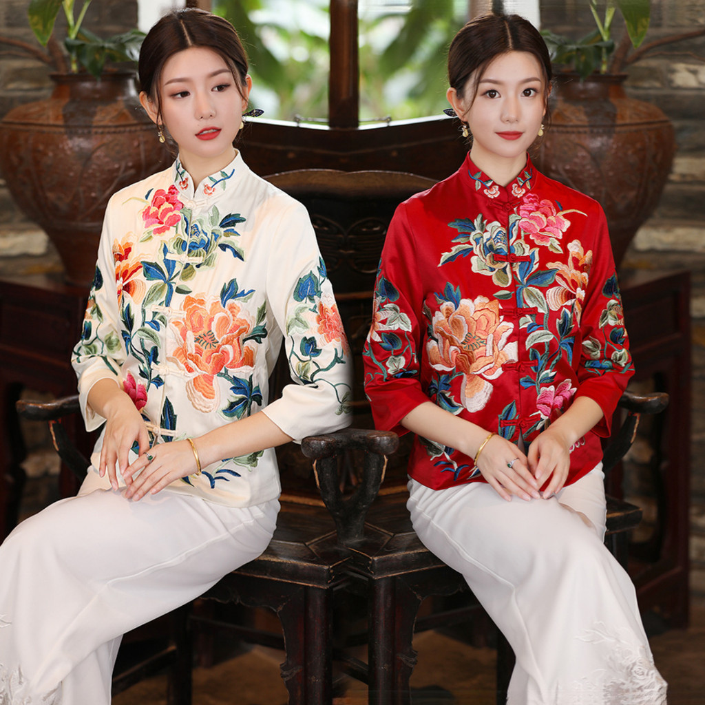 Blouse Women Retro Chinese Cheongsam Top Embroidery Red CNY Qipao Tops ...