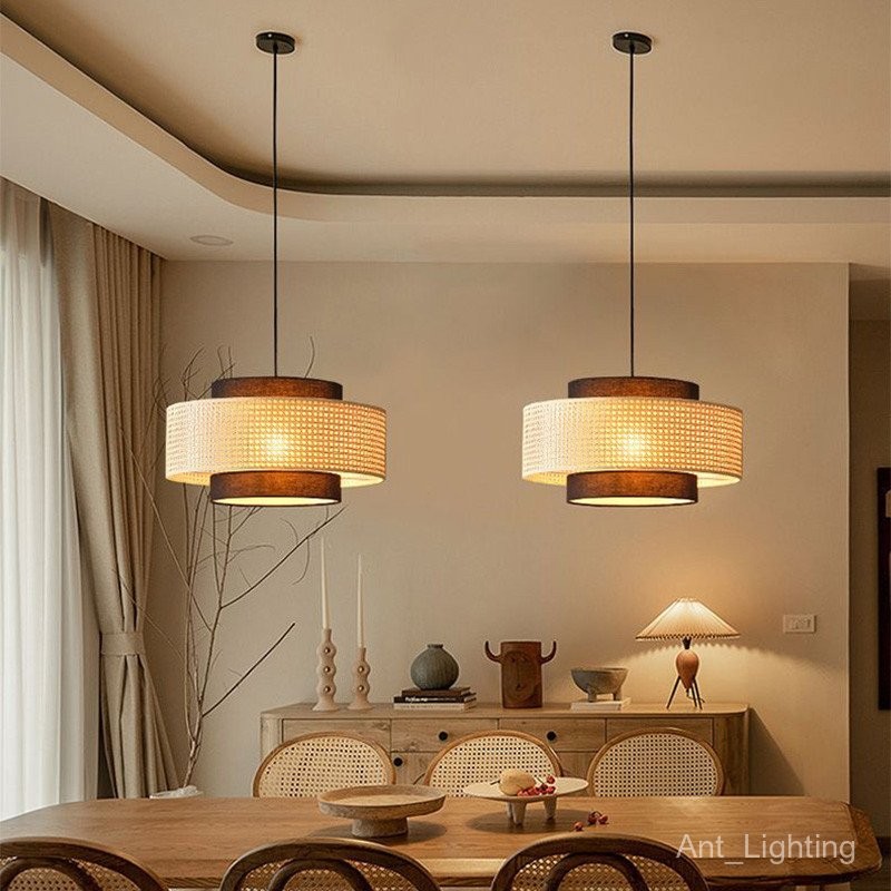 Vintage Japanese Style Pendant Light Woven Bamboo Chandelier LED Dining ...